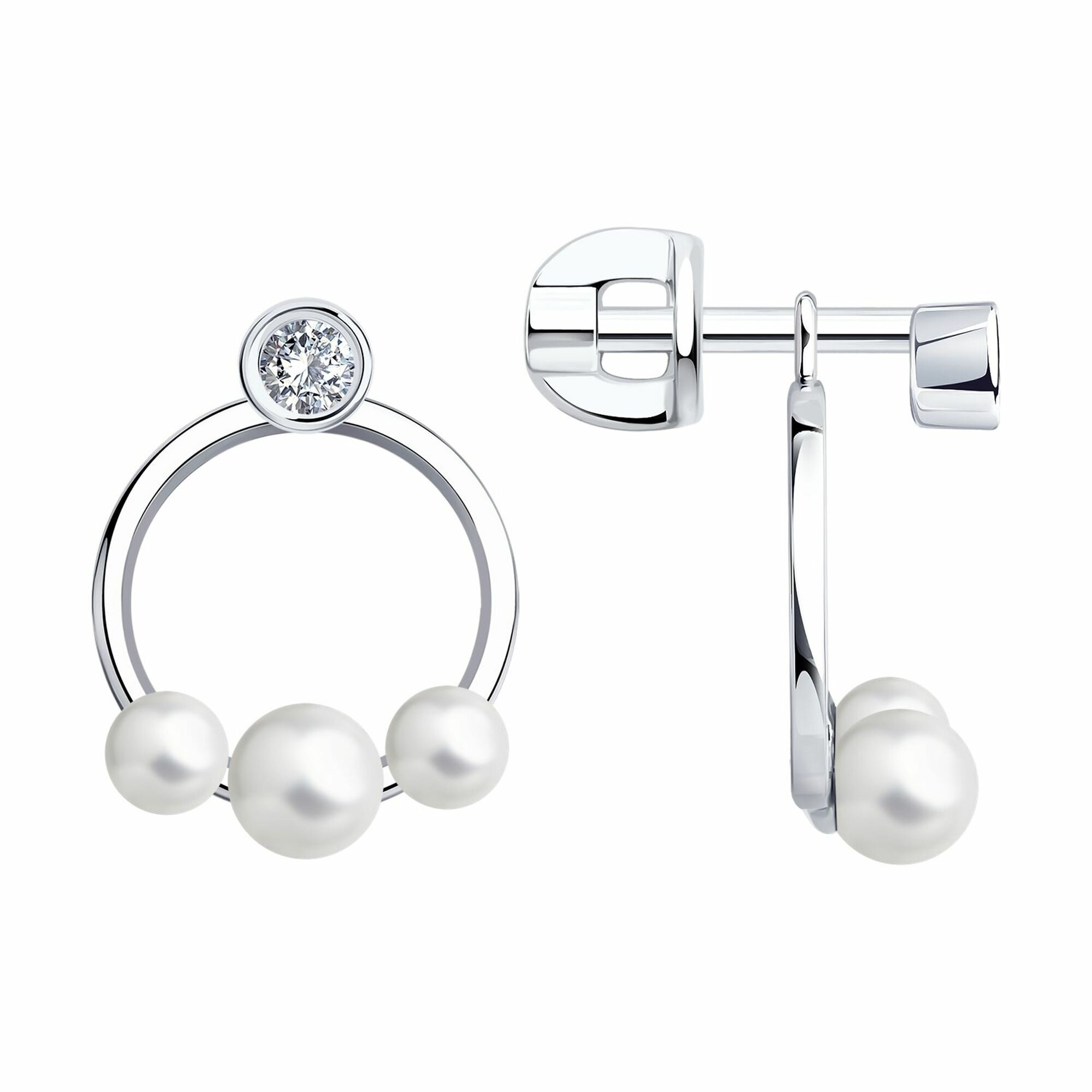 Серьги пусеты, трансформеры, серебро, 925 проба, родирование, жемчуг, фианит