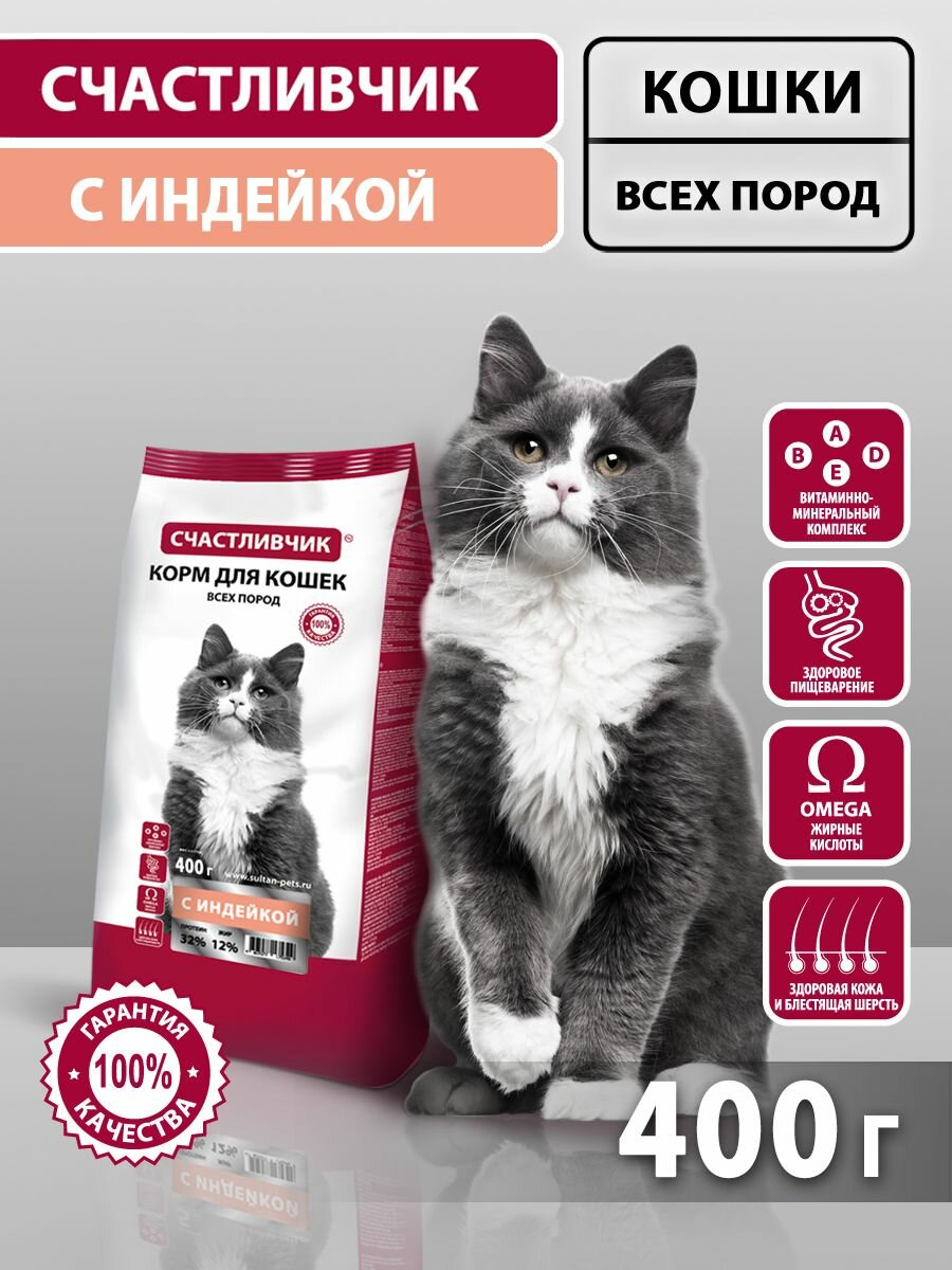 Корм для кошек сухой, Счастливчик, с индейкой 400 гр