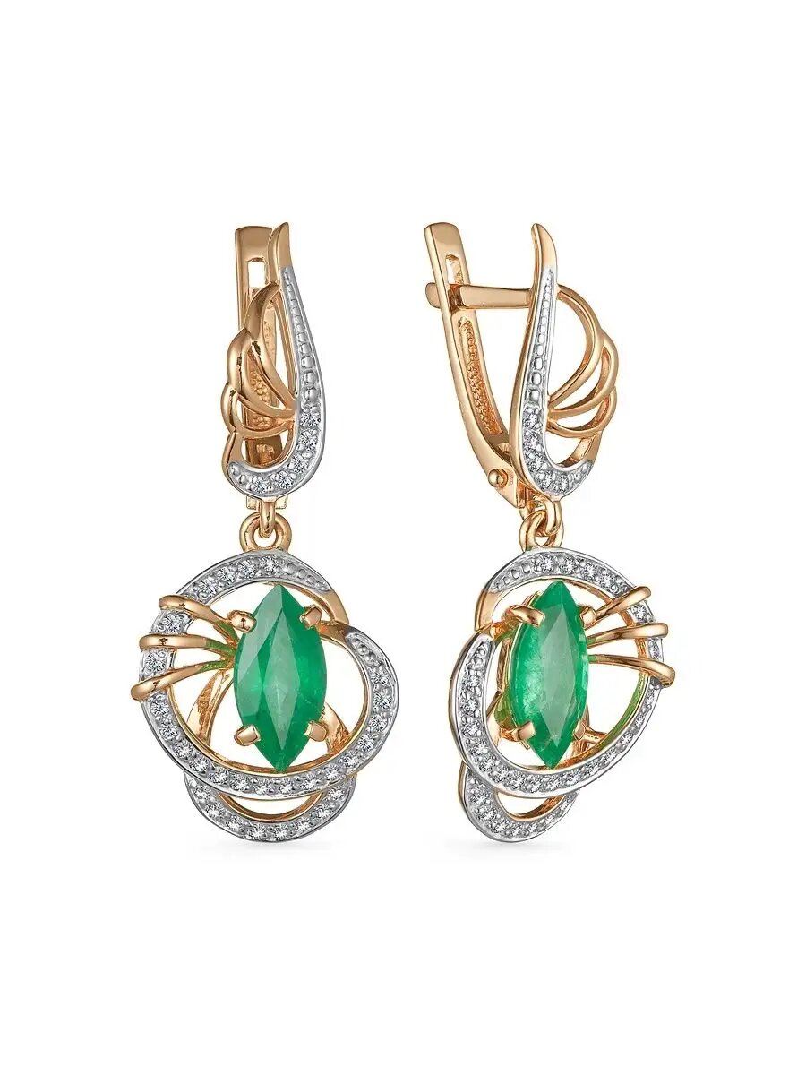 Серьги, красное золото, 585 проба, бриллиант, изумруд