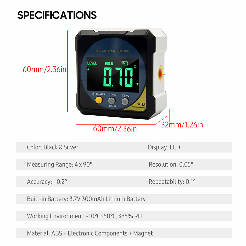 Двусторонний лазерный цифровой угломер, магнитный инклинометр, 4 x 90 , углоискатель, 2 режима, нивелир, аккумуляторный электрический нивелир для деревообрабатывающего оборудования, строительство