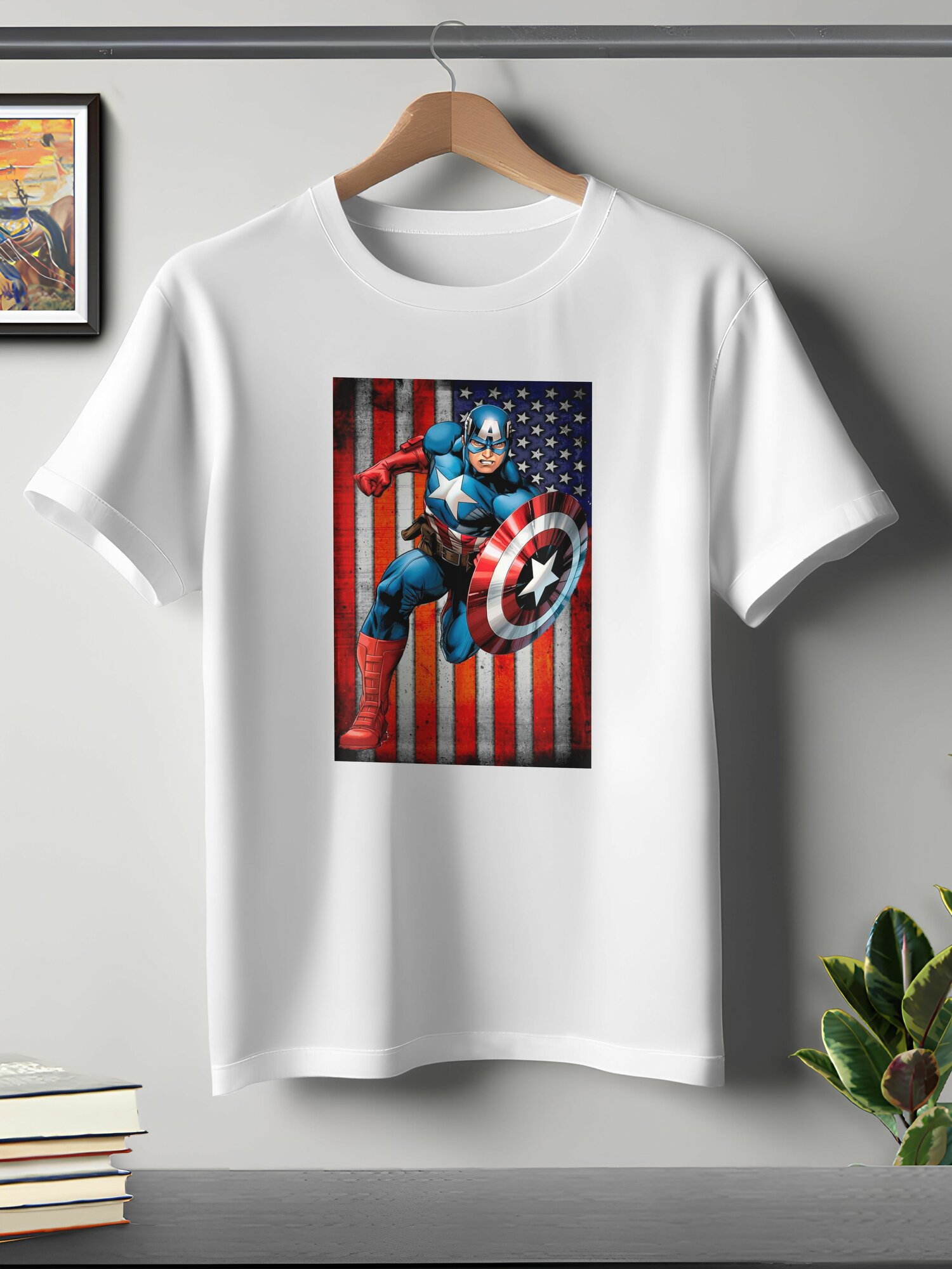 Футболка  Детская ONEQ 134 (9-10) размер с принтом Капитан Америки, белая