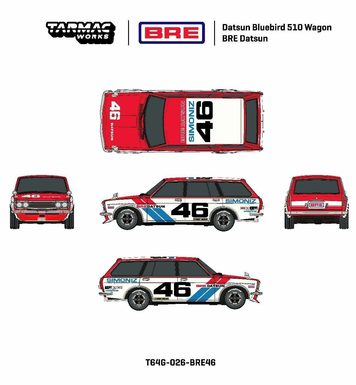 Коллекционная машинка Tarmac Works 1:64 Datsun Bluebird 510 Wagon BRE Datsun #46