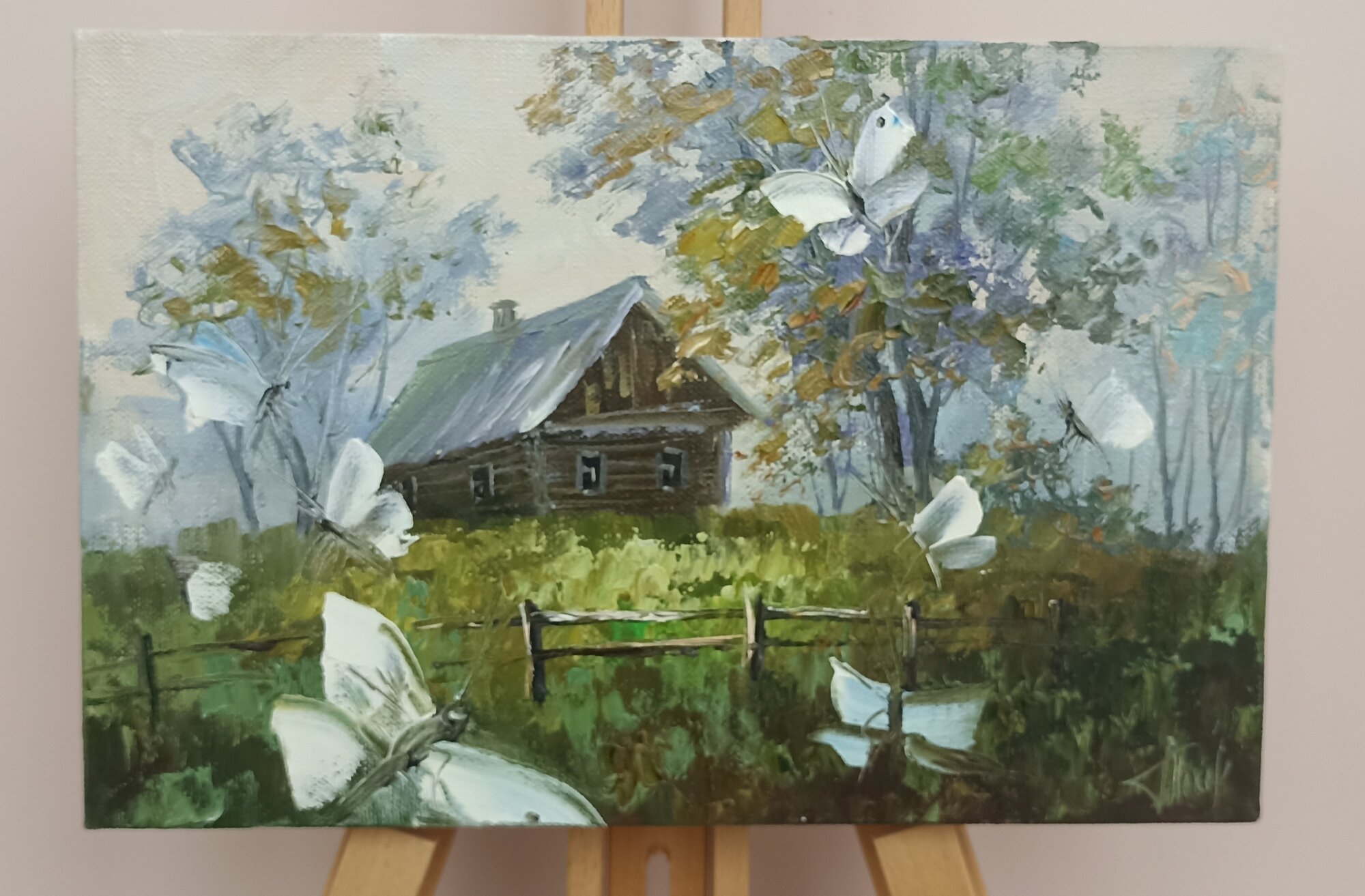 Серия Импрессионизм. Летний пейзаж с бабочками. Картина маслом на холсте. 100% ручная работа, 100% живопись от Художественной Мастерской Грëзы. 20х30 см.