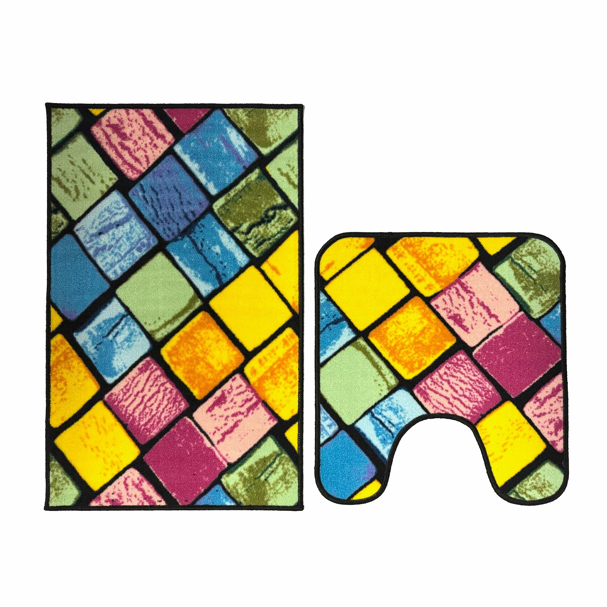 Набор ковриков Cleopatra "Нью Соса", для ванной и туалета, с вырезом, 90х57 см, 60х57 см, желтый, голубой, розовый