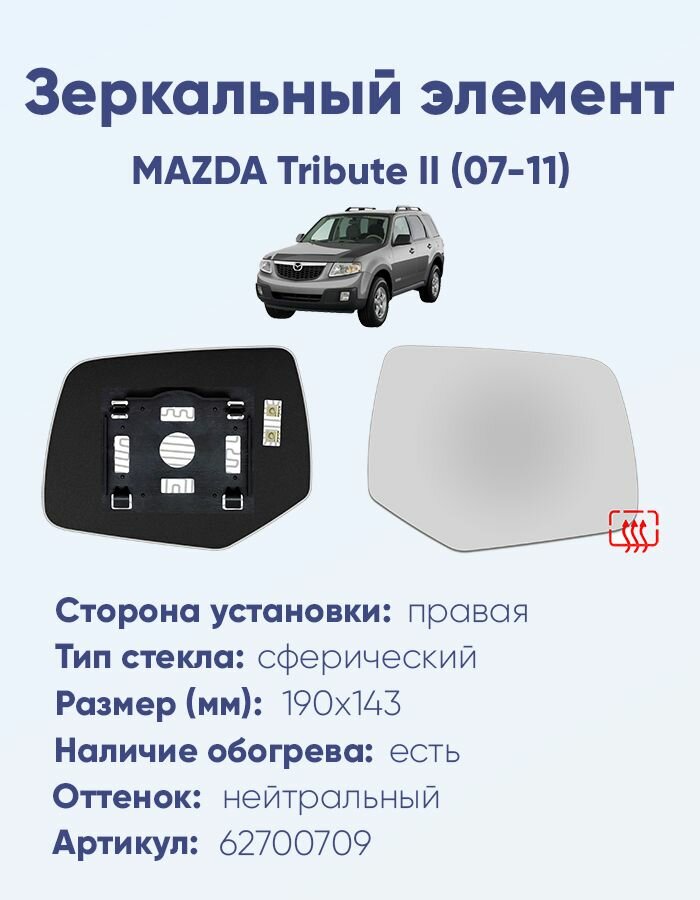 Зеркальный элемент правый MAZDA Tribute II (07-11) сфера нейтральный с обогревом