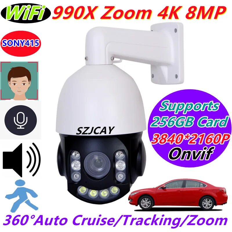 SZJCAY 4K 8MP WiFi PTZ IP-камера 360° с WiFi Add 128GB Card