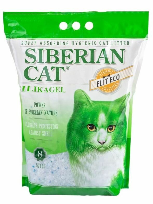 Наполнитель Сибирская Кошка "Элитный ECO" впитывающий силикагель без запаха (зелёные гранулы), 8л