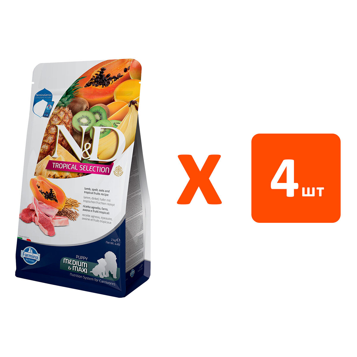 Корм сухой Farmina Dog N&D Tropical Selection Puppy Medium & Maxi Lamb низкозерновой для щенков средних и крупных пород, ягненок, спельта, овес и тропические фрукты, 2 кг х 4 шт