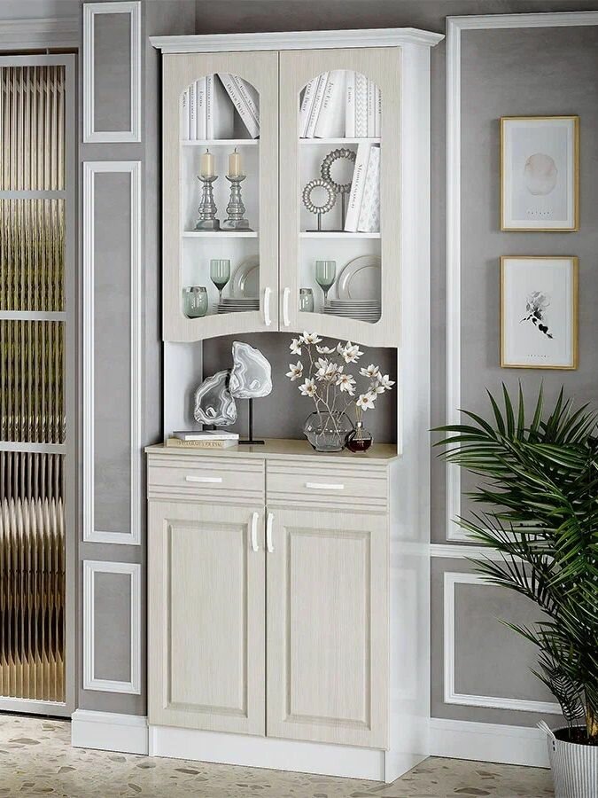 Буфет для кухни Констанция, кухонный шкаф витрина для посуды напольный с фасадами МДФ, 80х225х43 см, Сандал/Белый