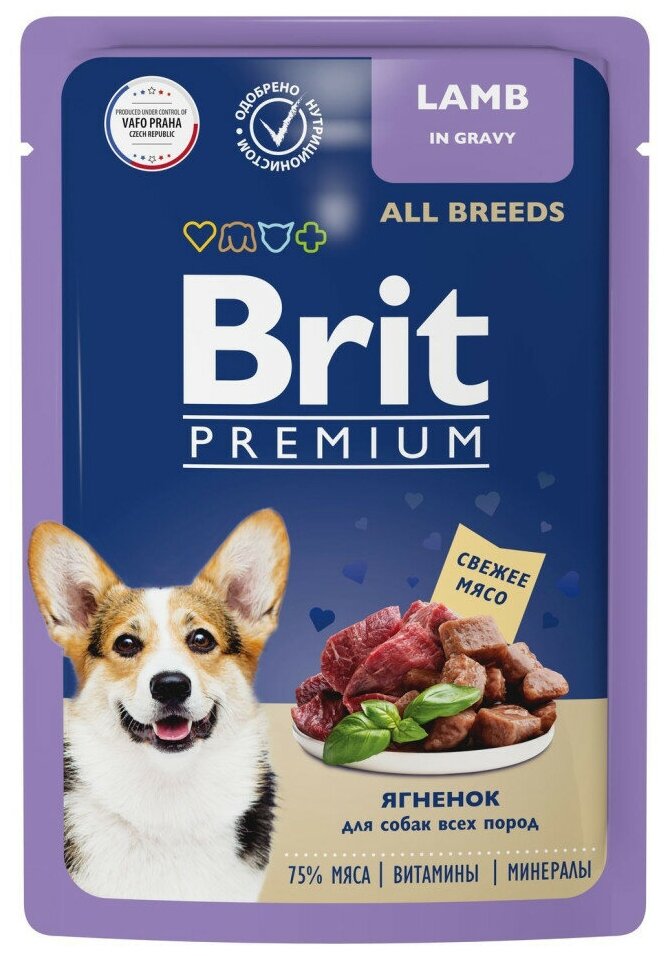 Brit Premium паучи для взрослых собак всех пород с ягненком в соусе - 85 г х 14 шт