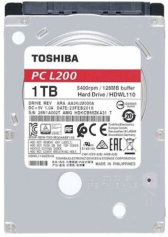 2.5" SATA 1 ТB Toshiba L200 (HDWL110UZSVA), SATA-3 6Gb/s, 5400rpm, 128MB, 7мм
