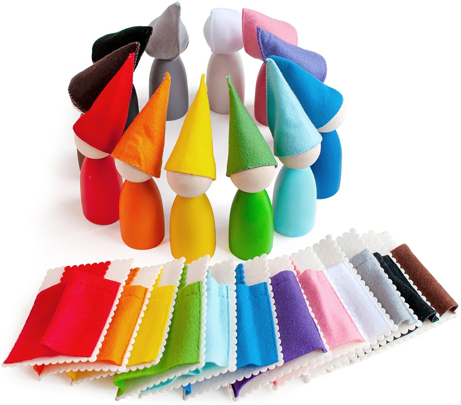 Развивающий деревянный игровой набор "Гномики большие в колпачках с кроватками" 8,5 см (12 шт.) Ulanik