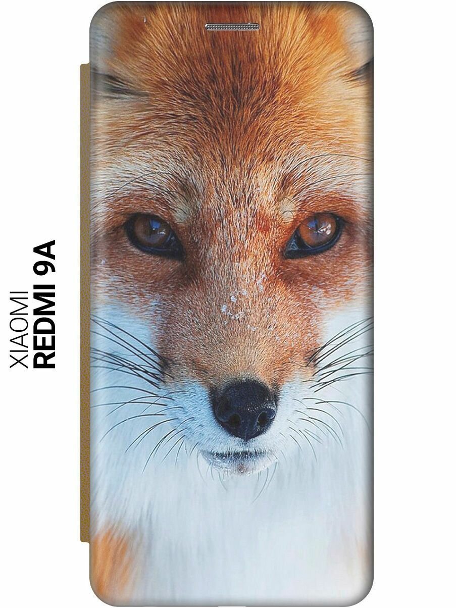 Чехол-книжка на Xiaomi Redmi 9A, Сяоми Редми 9А c принтом "Спокойный лис" золотистый