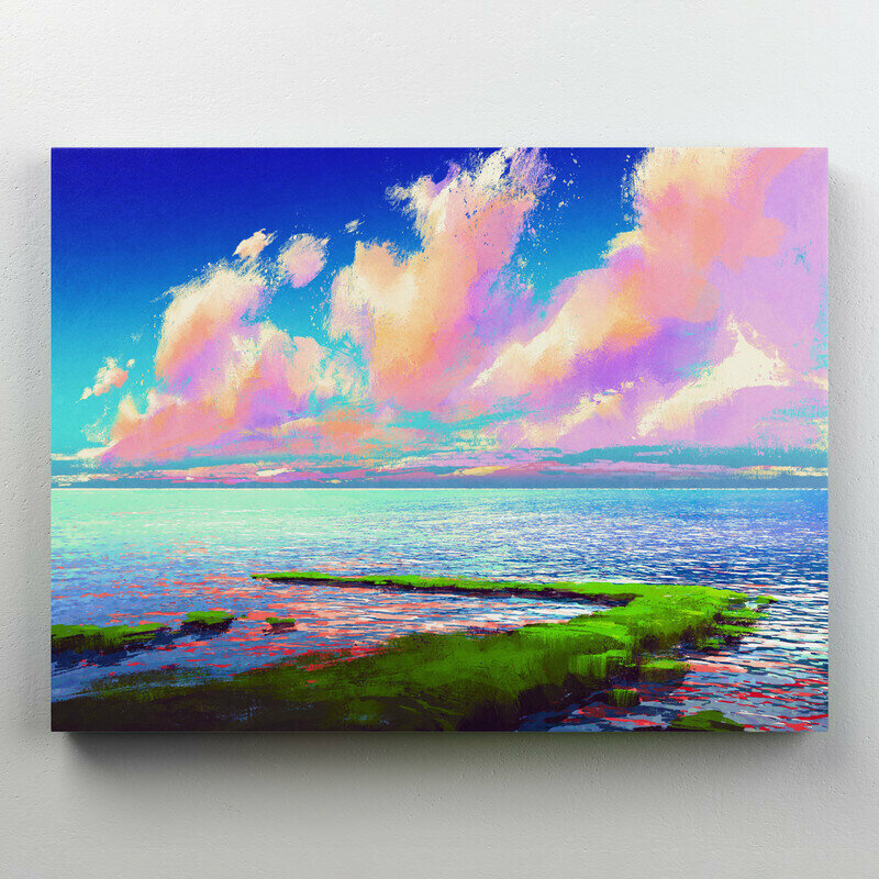 Интерьерная картина на холсте "Океанский пейзаж и розовое небо" размер 60x45 см