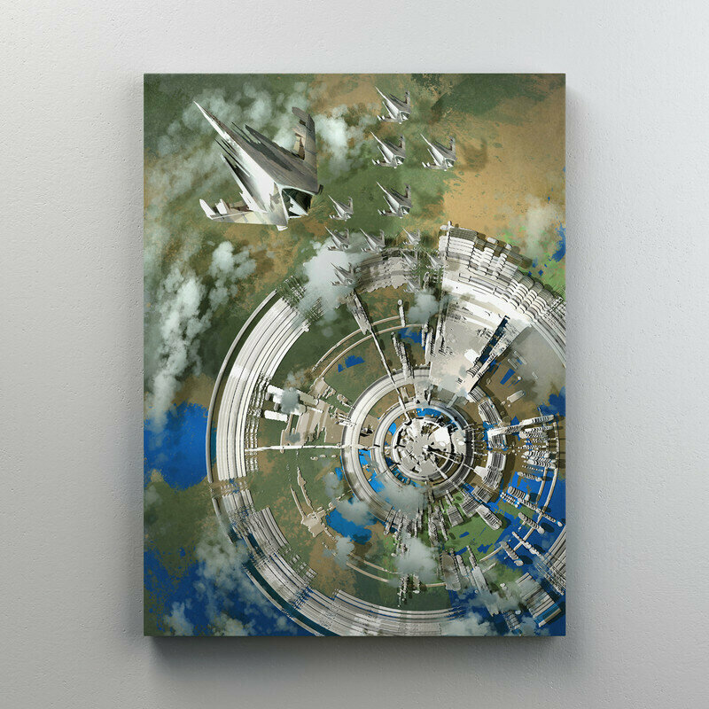 Интерьерная картина на холсте "Космическая база на планета" размер 22x30 см