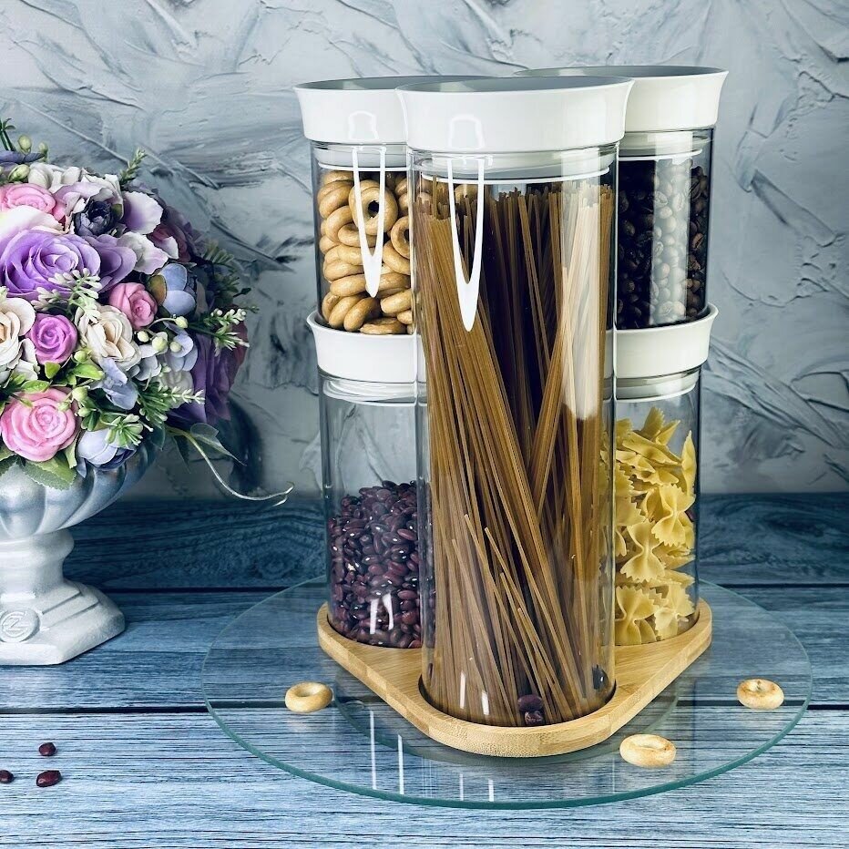 Набор из 5 штук Банка для сыпучих продуктов Lenardi на подставке, стекло, бамбук