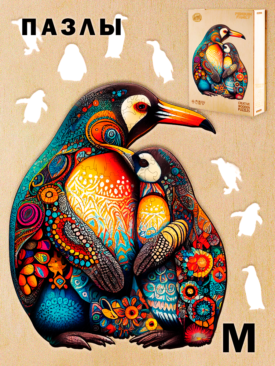 Деревянный 3D пазл Woodbests 6211-WP Семья Пингвинов / размер M