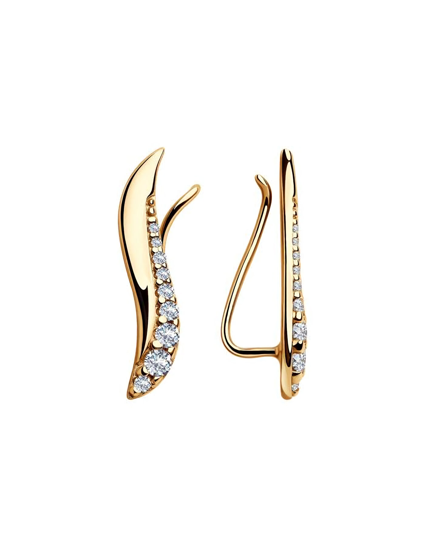 Серьги каффы, серебро, 925 проба, золочение, фианит