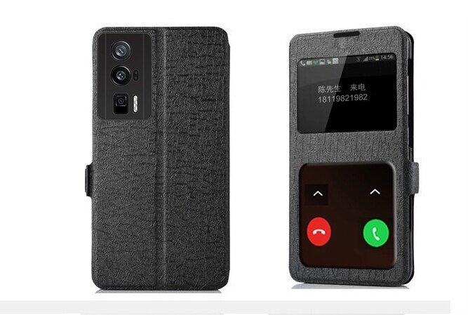 Чехол-книжка для Xiaomi Redmi K60 с окном вызова предпросмотра и свайпом черный