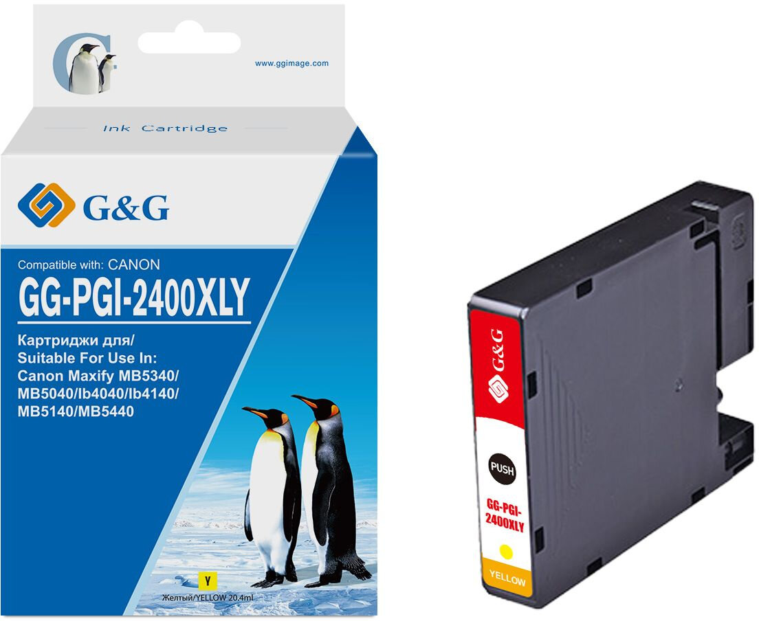 Картридж струйный G&G PGI-2400хL Y желтый, 20. 4 мл для Canon Maхify iB4040 iB4140 МВ5040 MB5140 МВ5340 MB5440 (GG-PGI-2400XLY)