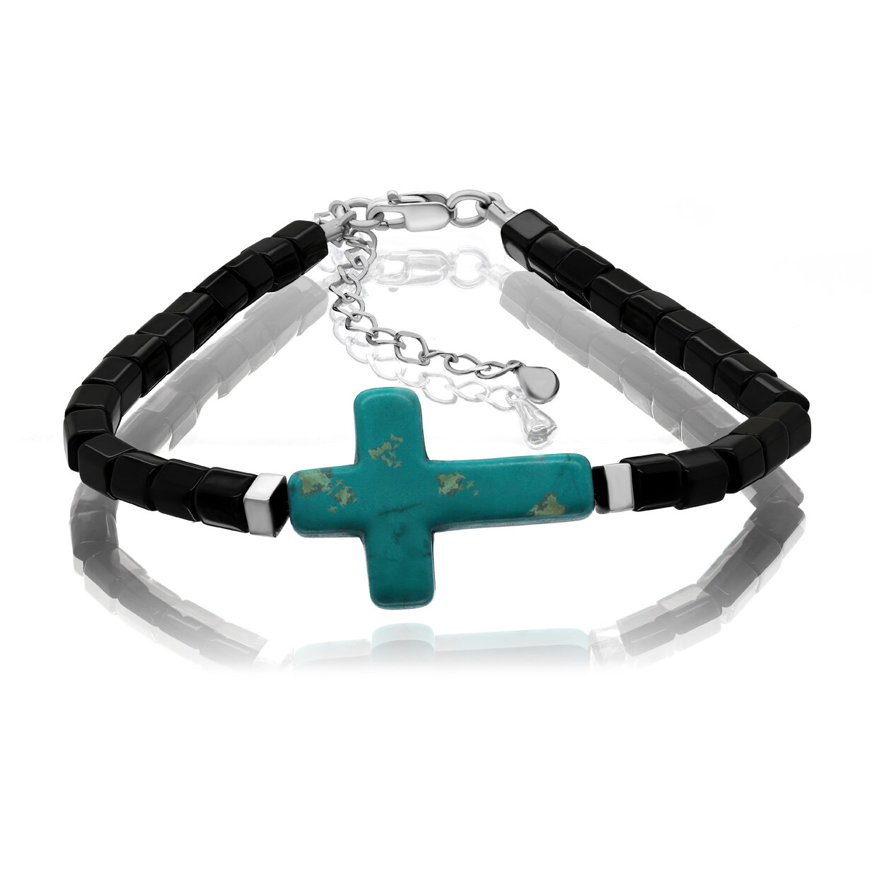 Браслет-цепочка, серебро, 925 проба, родирование, стекло, бирюза