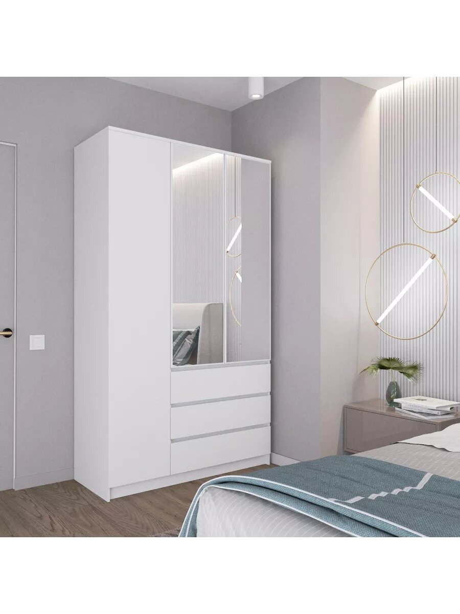 Шкаф для одежды КМЗ, 3 двери, распашные, шариковые направляющие, белый, ЛДСП