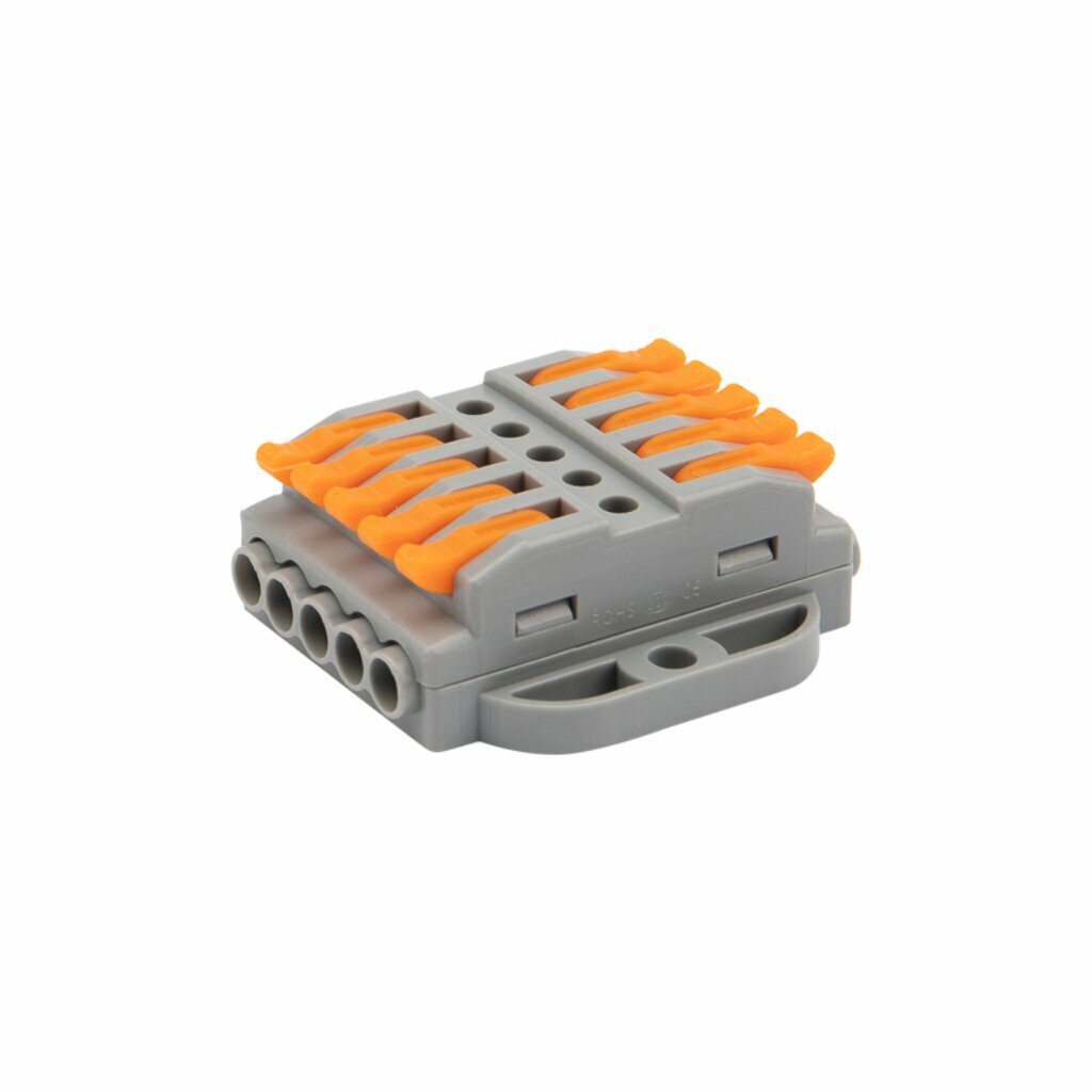 Клемма проходная СМК 222-425P, 10 отверстий, серая, 5 полюсов, с монтажной площадкая, 0.08-4 мм², Rexant, 07-6265