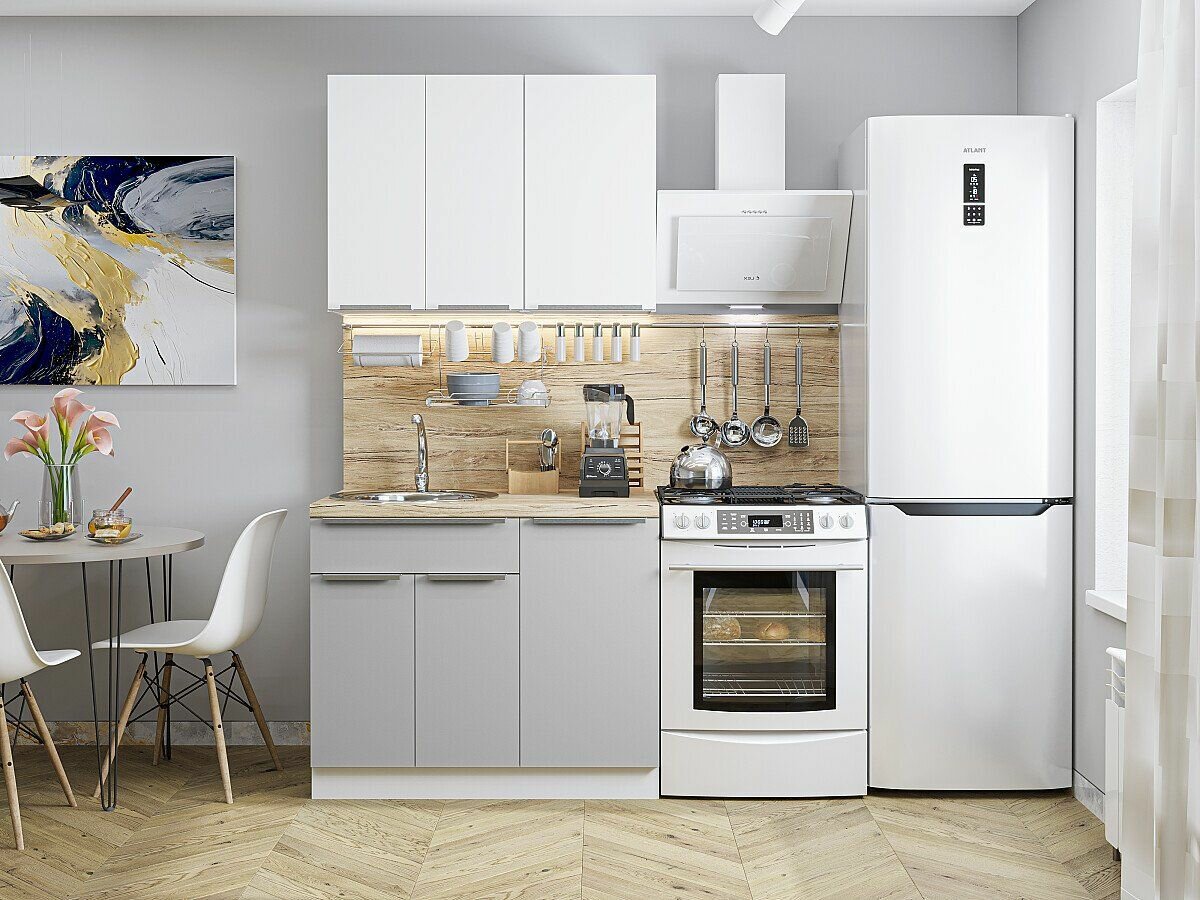 Готовый кухонный гарнитур кухня 1 метр без столешницы Фьюжн-05 2140*1000*600 Silky White, Silky Light Grey