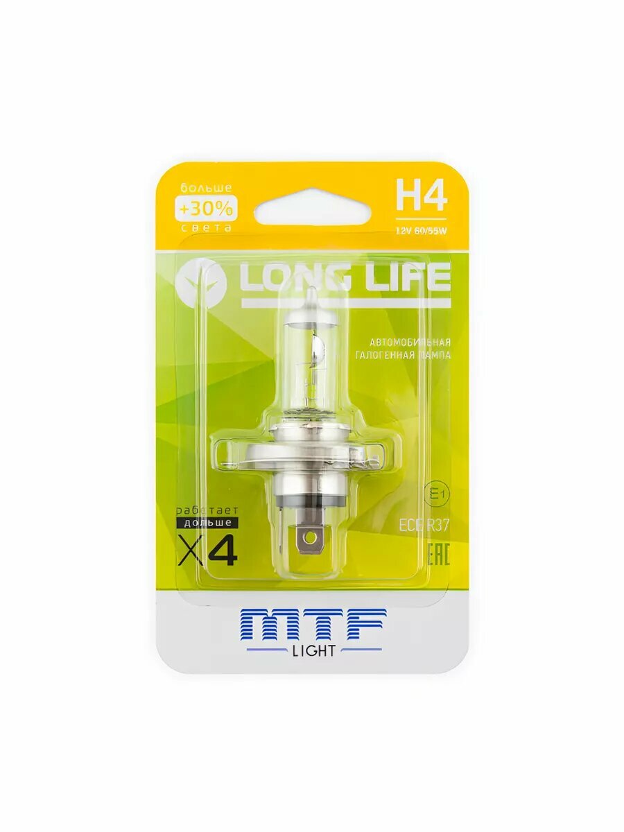 Галогенная лампа H4, 12V, 60/55W, +30% LONG LIFE x4, 1шт.