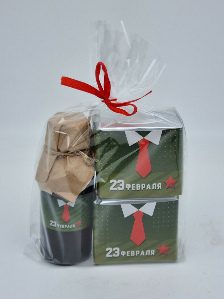 Подарочный набор с 23 февраля чай черный 35гр, зеленый чай 40гр и бальзам Краснополянские травы125мл