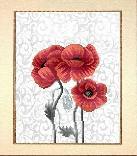 Ткань с рисунком для вышивания бисером Благовест К-4029 Маки Триптих 2, 20 х 25 см (Бисер в комплект не входит.)