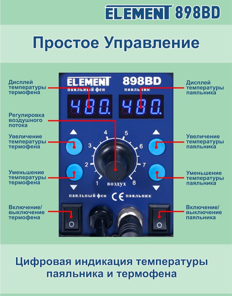 ELEMENT Паяльная станция ELEMENT 898BD, 700 Вт (фен+паяльник) цифровая
