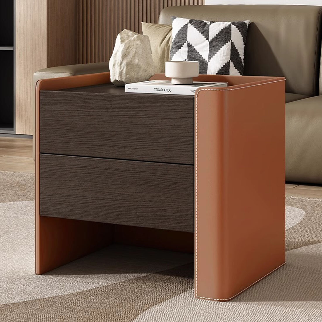 Прикроватная кожаная тумбочка Warren (правая, оранжевый)