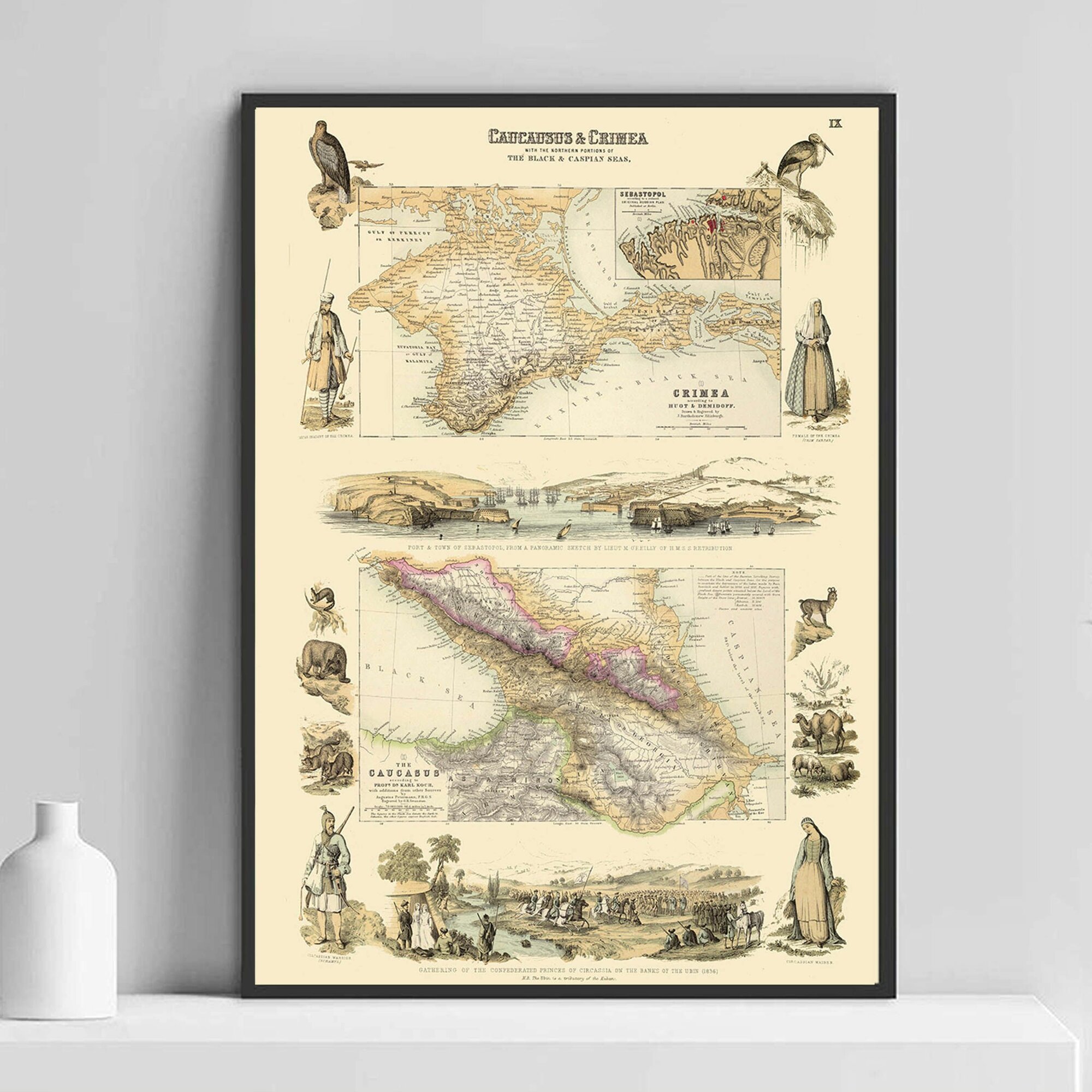 Ретро карта Кавказ и Крым 1872 год, без рамы, размер 50 x 70 см