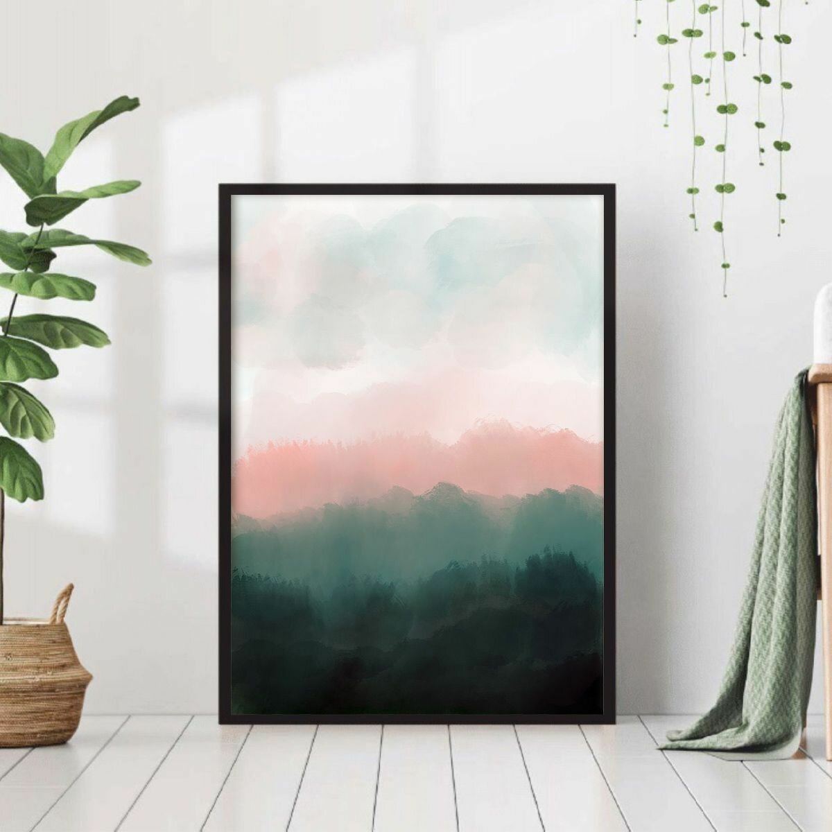 Постер "Абстракция пейзаж лес" 50x70 в черной рамке на стену для интерьера