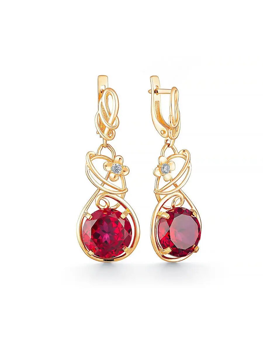 Серьги, красное золото, 585 проба, рубин, бриллиант