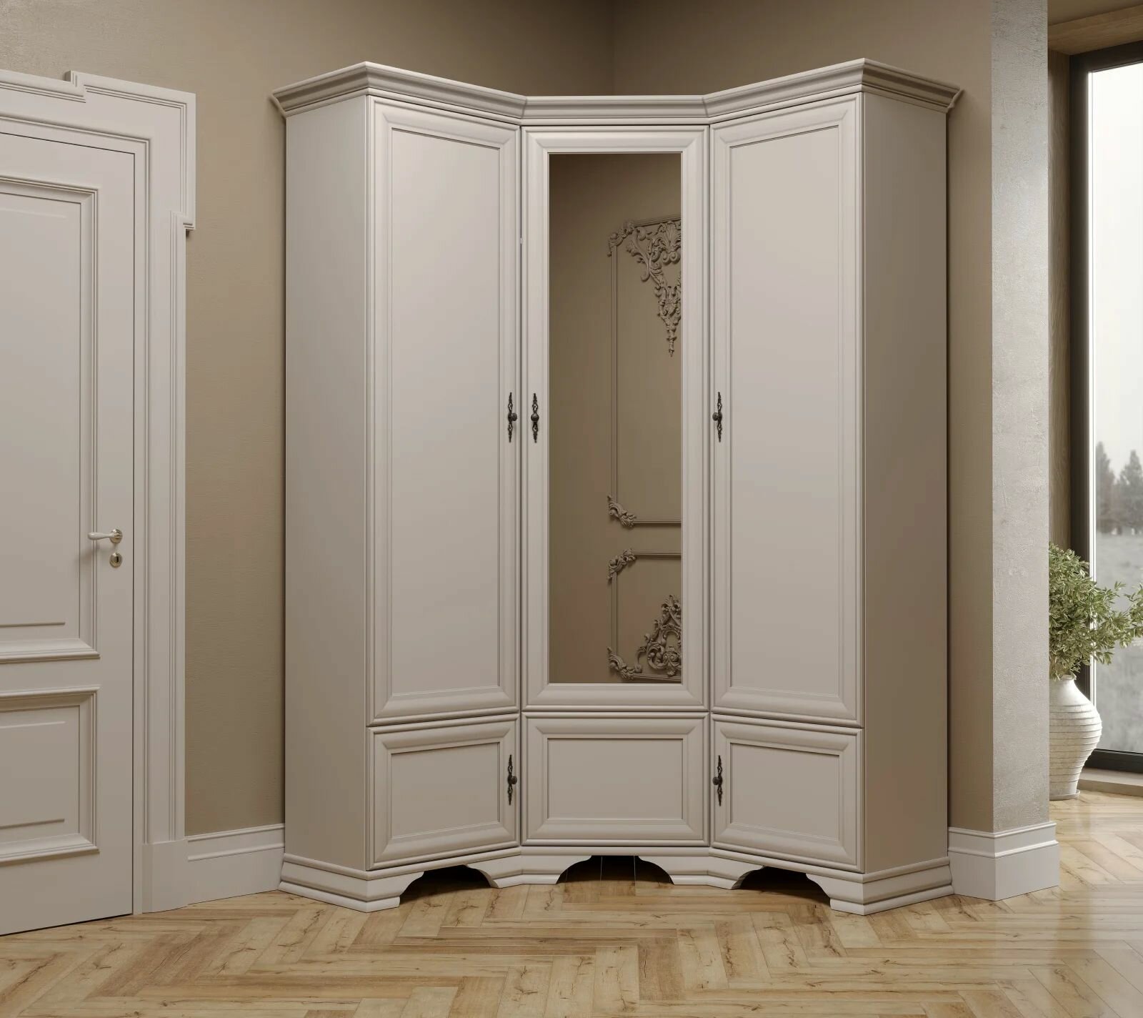 Шкаф для одежды угловой Kentaki SZFN5D, белый, распашной с зеркалом, полками 13 шт.