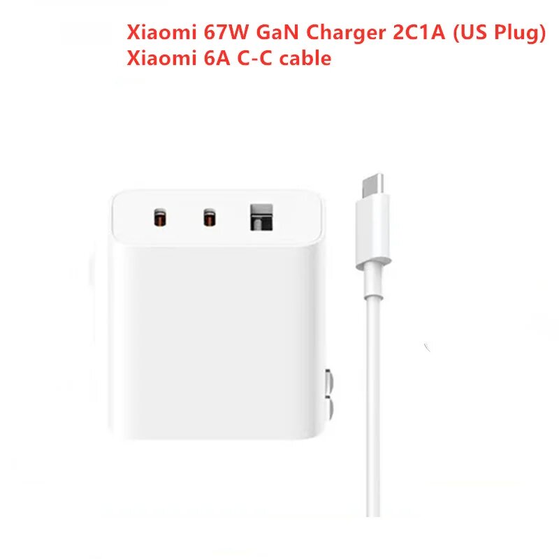 Зарядное устройство Xiaomi Mi 67 Вт GaN, выход 2C1A, быстрая зарядка с кабелем 1,5 м 6 А, поддержка быстрой зарядки PD 65 Вт US Stardard version
