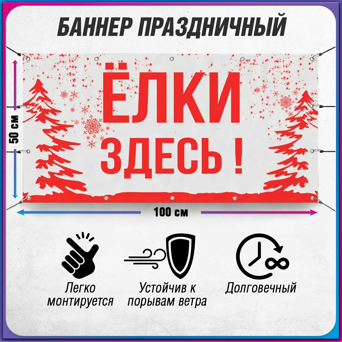 Баннер "Ёлки здесь" / рекламная вывеска для ёлочного базара / 1x0.5 м.