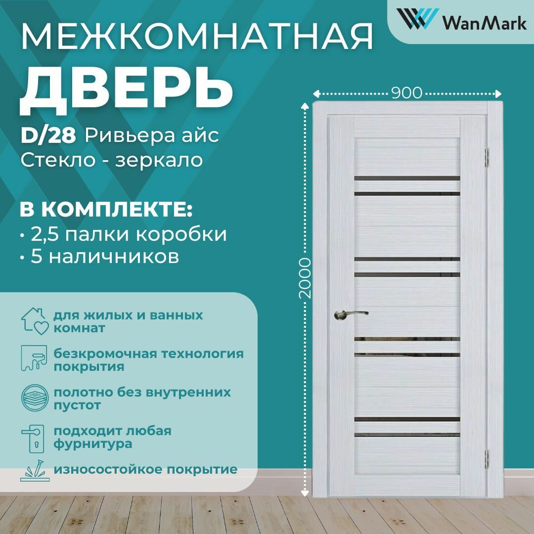 Дверь межкомнатная экошпон D28 со стеклом цвет ривьера айс 900х2000, в комплекте