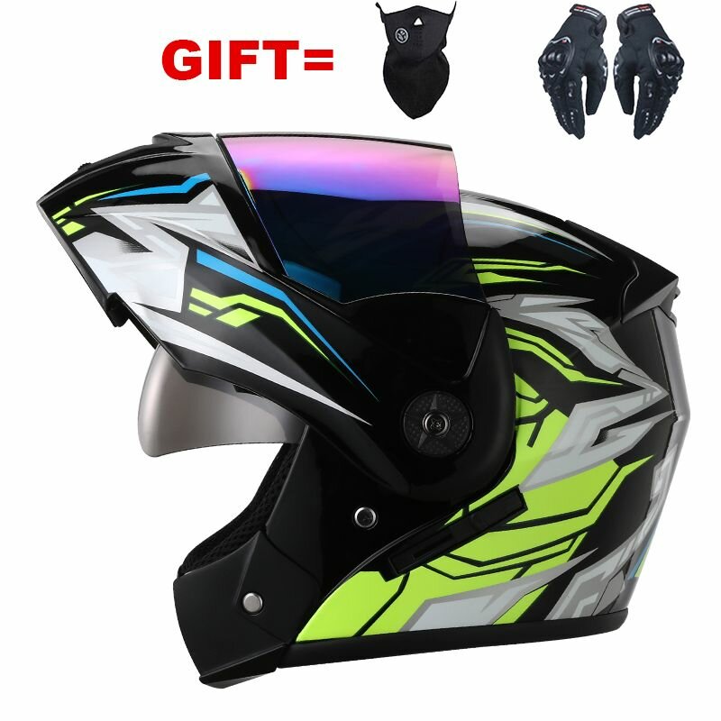 Motorcycle Helmet106 2 gifts2, Черно-желтый (цветная линза), L
