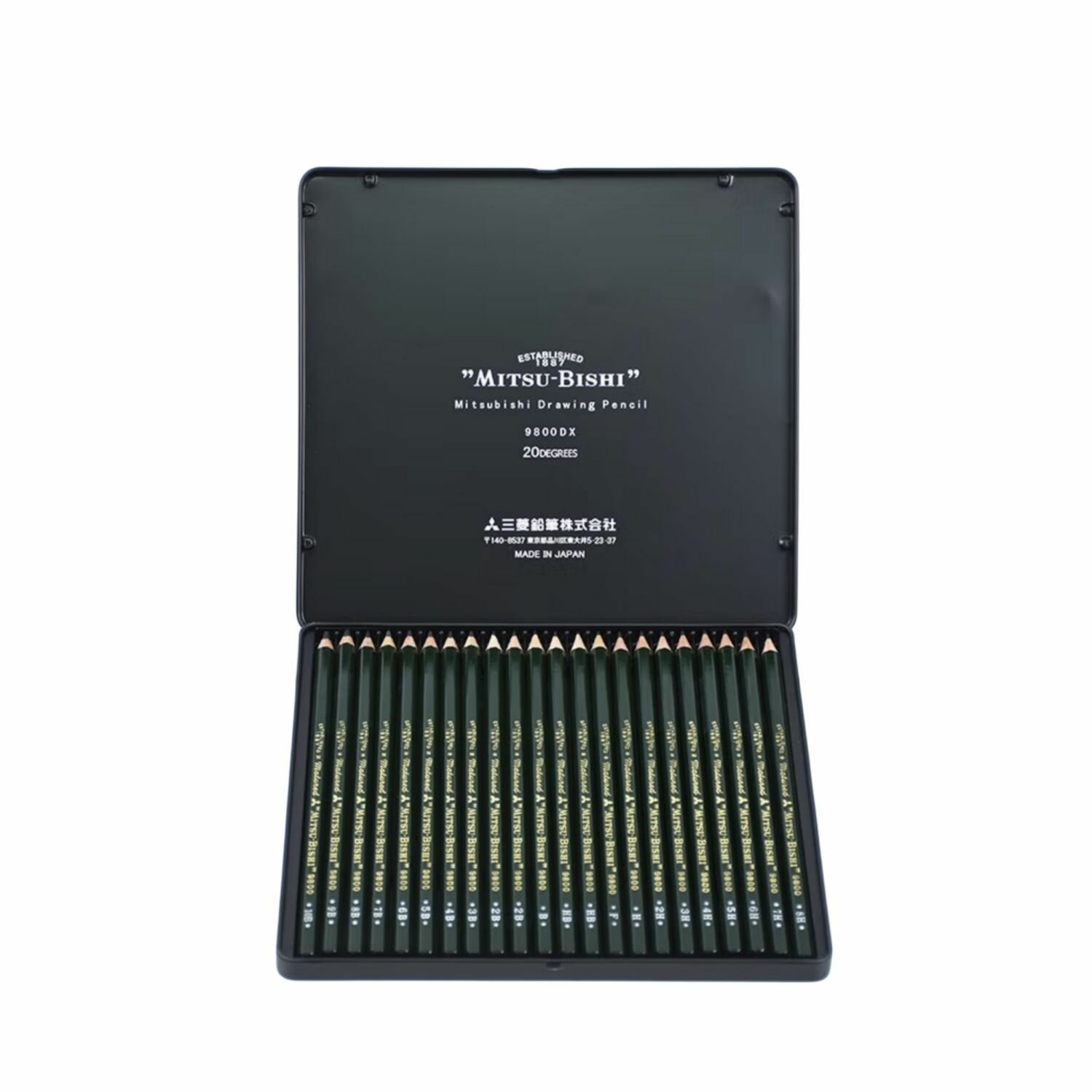 Набор чернографитных карандашей Uni 9800, 8H-10B 22 шт, заточен, метал. кор.