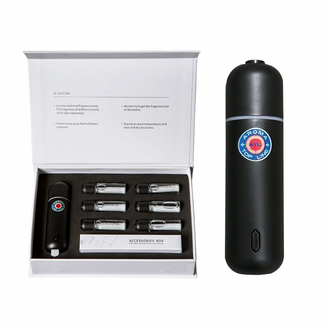 Ультразвуковой черный аромадиффузор без воды для авто, в машину - бесшумный, с 6 ароматами, USB-зарядка с креплением и клейкой лентой