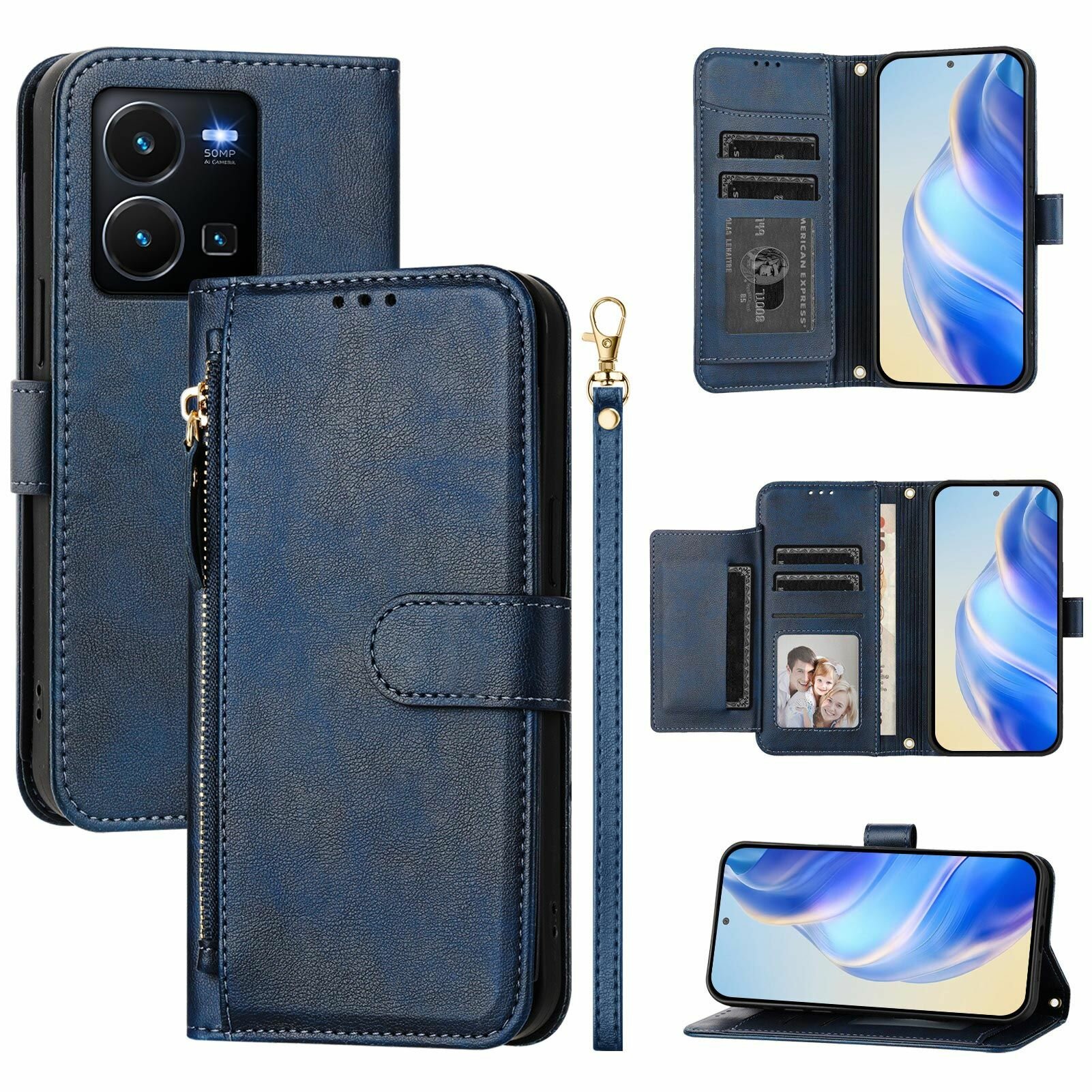 Кожаный книжка чехол в виде бумажника для VIVO (Виво)Y35 4G /Y22S 4G /Y22 4G /Y77 5G/Y77E 5G с застежкой-молнией, коротким шнуром, Складной слот для карт и отделением для кошелька