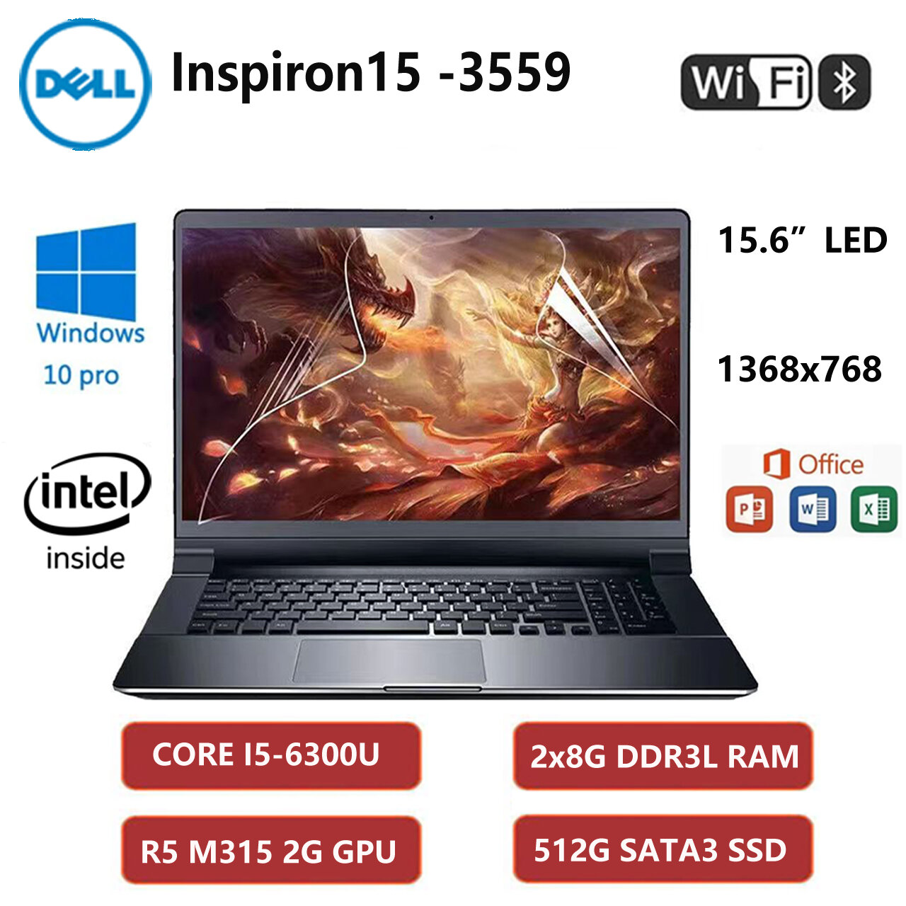 Подержанный ноутбук 15.6" DELL Inspiron15 3559 ( CORE I5-6300U+2X8GB DDR3l 1600 RAM+512G 2.5"SATA3 SSD+AMD Radeon R5-M315 2G Видеокарта+1920X1080 IPS 4K) Win 10 pro