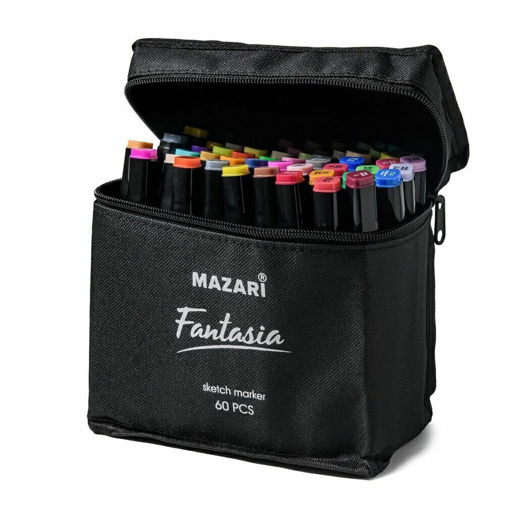 Маркеры Mazari "Fantasia", 60 цветов, пулевидные двусторонние, 3-6,2 мм, текстильный чехол