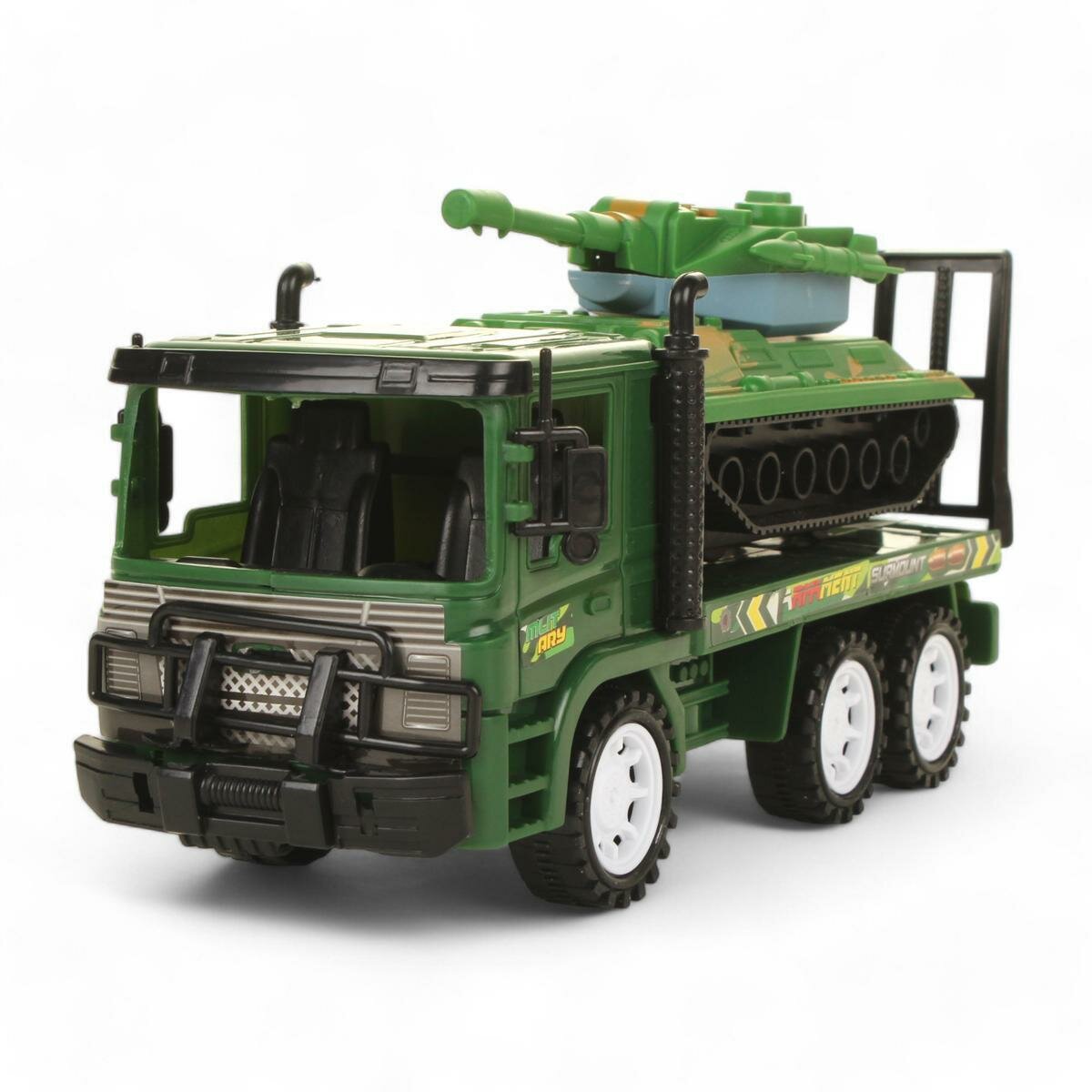 Автовоз военный 23см с танком, инерционный, зеленый, для детей