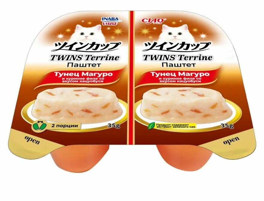 INABA CIAO паштет д/кошек тунец Магуро, куриное филе со вкусом кацуобуси, 8 шт. по70гр (560гр)