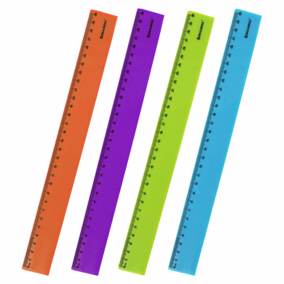 Линейка пластиковая 30 см BRAUBERG "NEON", ассорти, пакет, 210751, 210751