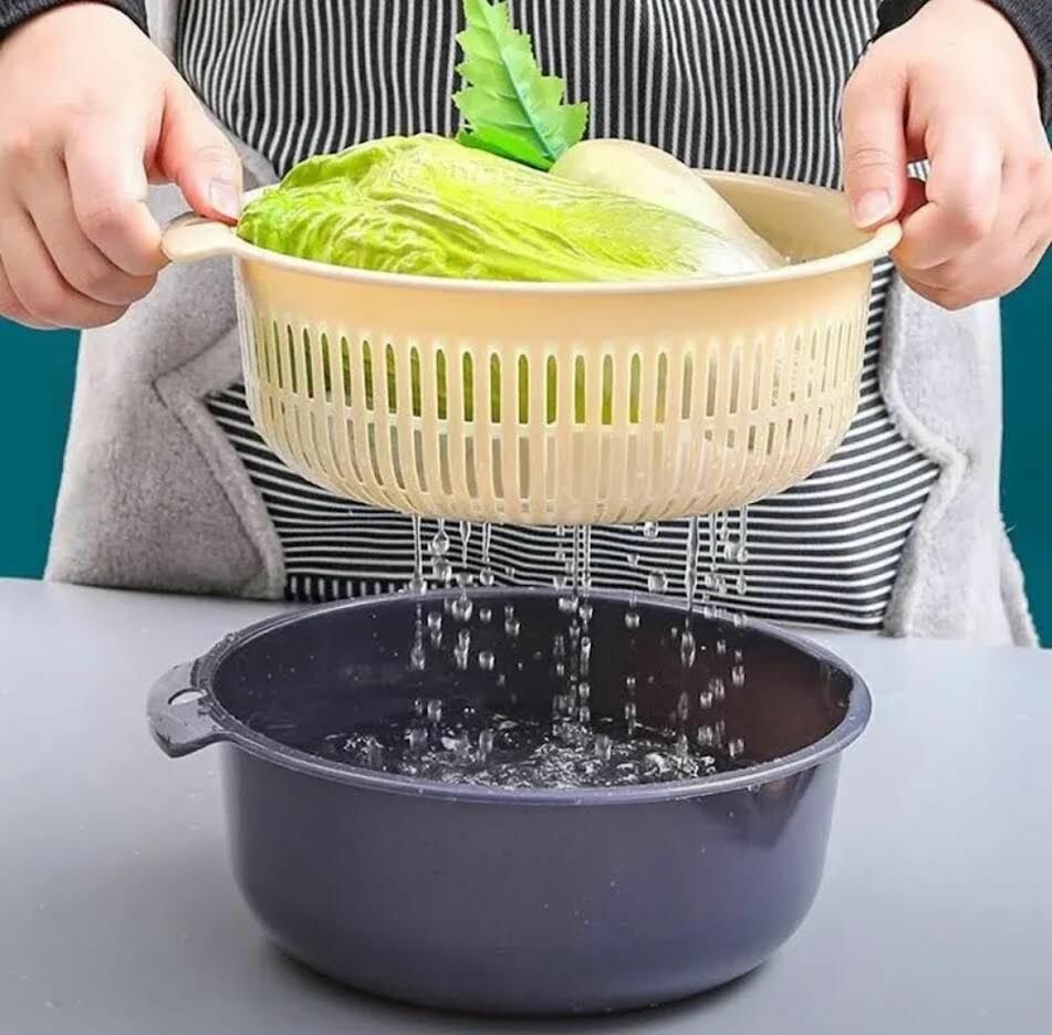 Дуршлаг "Двойная чаша", с миской, с петлей для подвешивания, пластик, синий